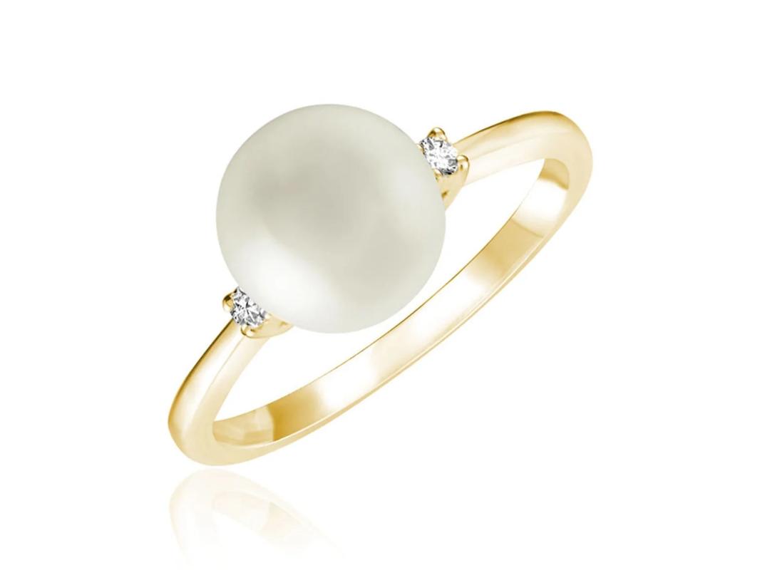 Bague perle de culture avec 2 diamant en or jaune 14k